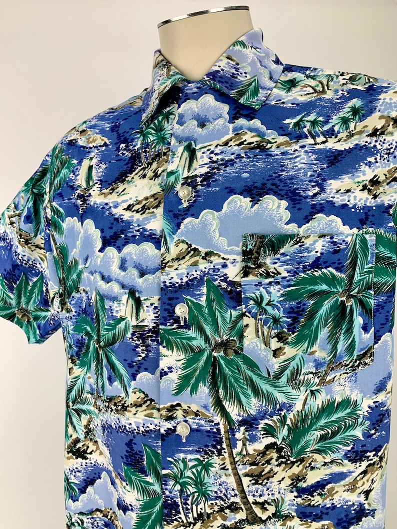 1950's Hawaiian Shirt - BRENT LABEL - 100% Rayon - Beautiful Ocean Blue ...