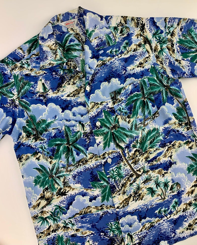 1950's Hawaiian Shirt - BRENT LABEL - 100% Rayon - Beautiful Ocean Blue ...