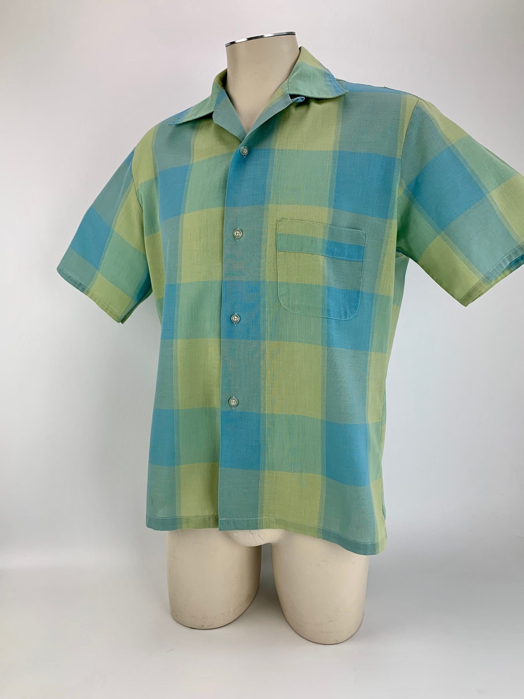 1950's Early 60's Plaid Shirt Loop Collar TOWNCRAFT Label Poly Blend ...