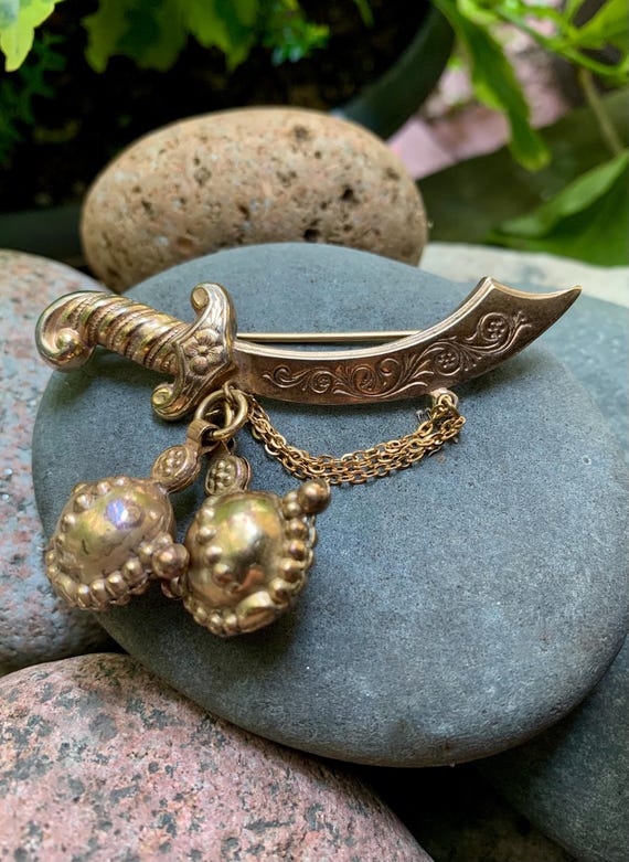1940'S Sword Brooch - Brass Etched Sword with Danglin… - Gem