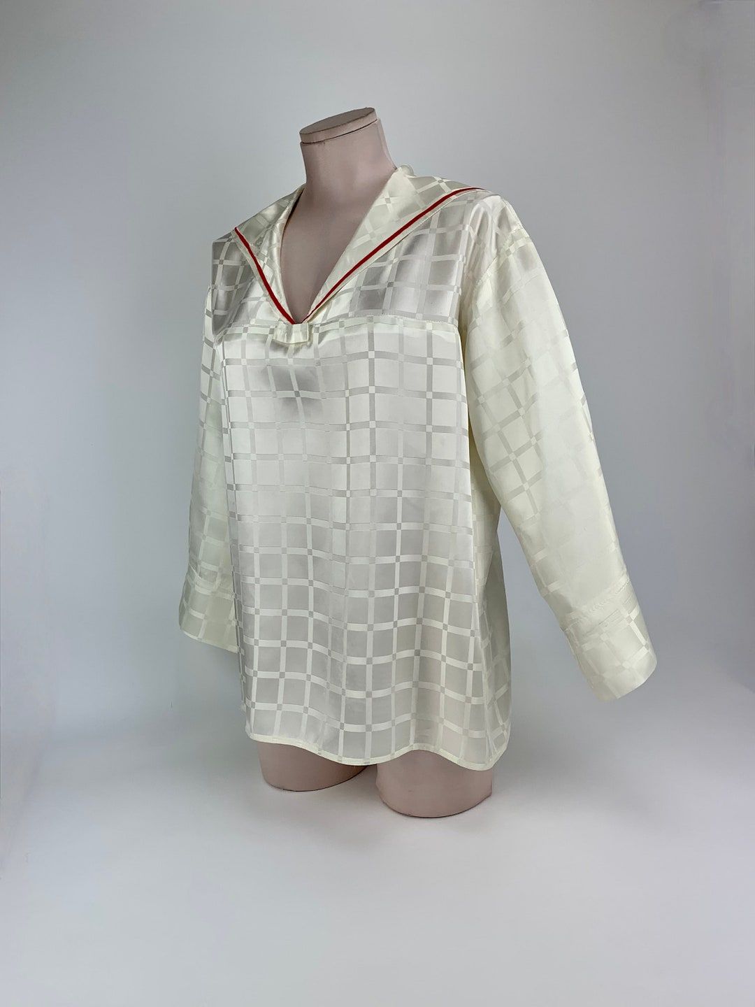 1940's 50's Sailor Blouse - Shinny Satin Checkered Fabric in Creamy ...