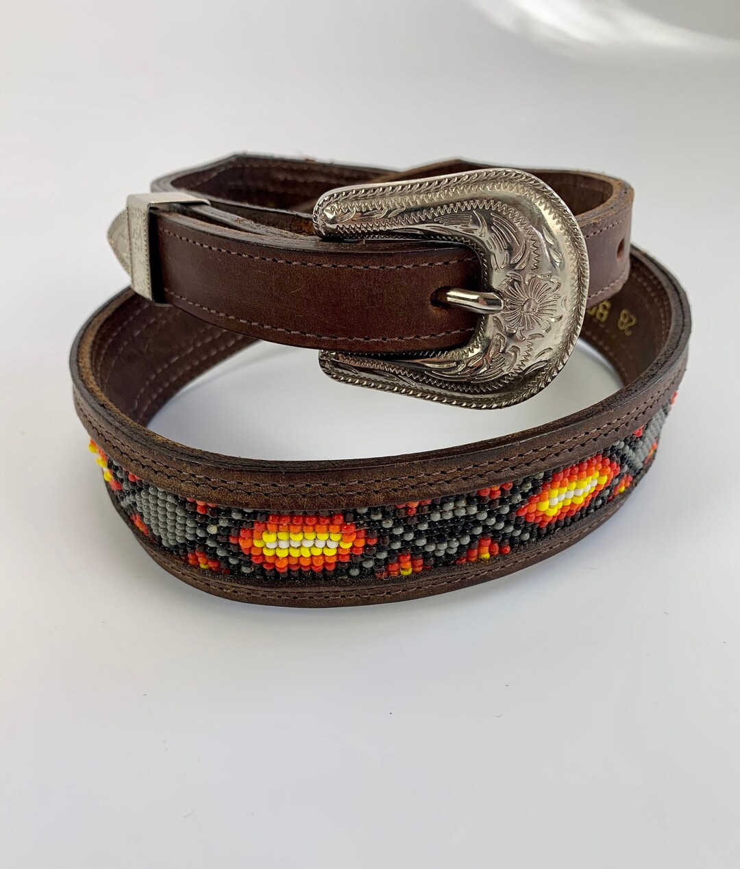Southwestern Beaded Belt - Native American Inspired - Brown Leather ...