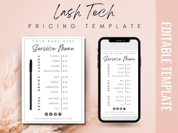Lash Extensions Brow Pricing Template Digital or Print Canva - Etsy