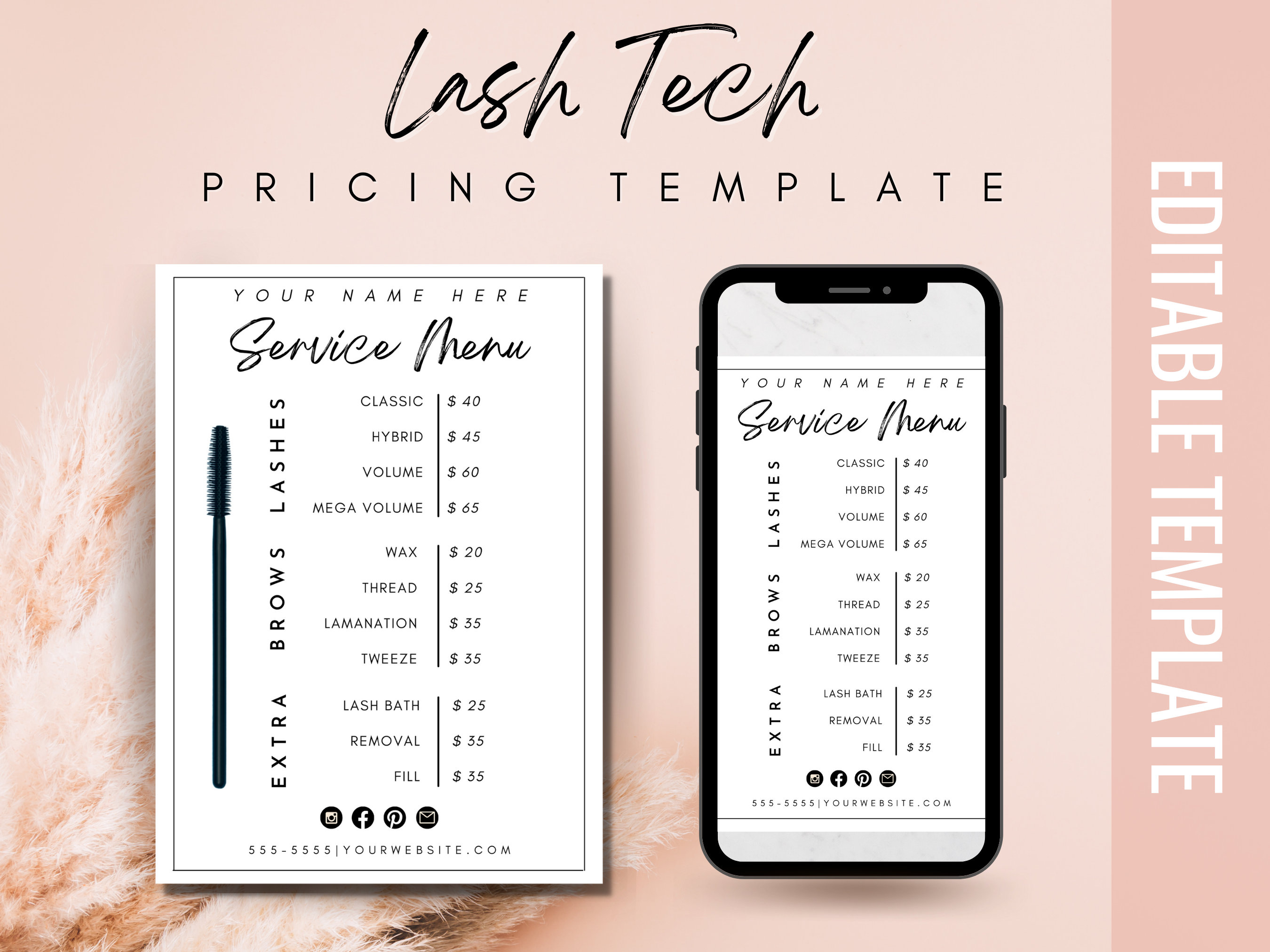 Lash Extensions Brow Pricing Template Digital or Print | Canva Editable ...