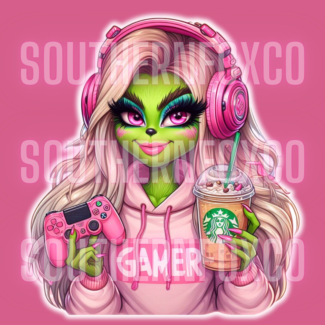 Cute Grinch Gamer Girl Pink Playstation PNG Digital AI Art Sublimation ...