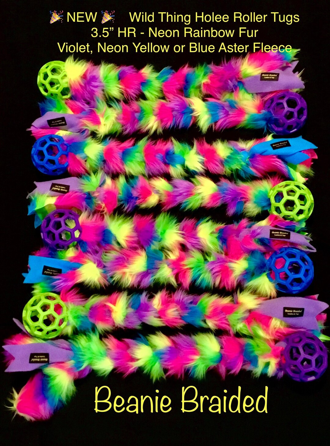 NEW Wild Thing Holee Roller Tug | Neon Rainbow Faux Fur | 3.5” Holee ...