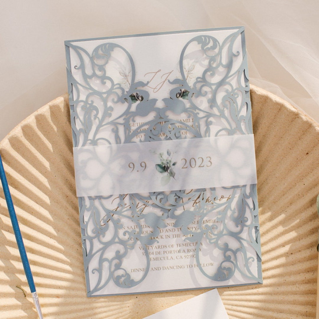 Dusty Blue Laser Cut Suite, Dusty Blue Laser Cut Invitation Set, Laser ...
