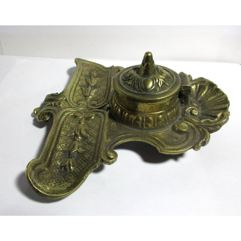Vintage Heavy Ornate Solid Brass Desk Inkwell With Hinged Lid & Ink Pen ...