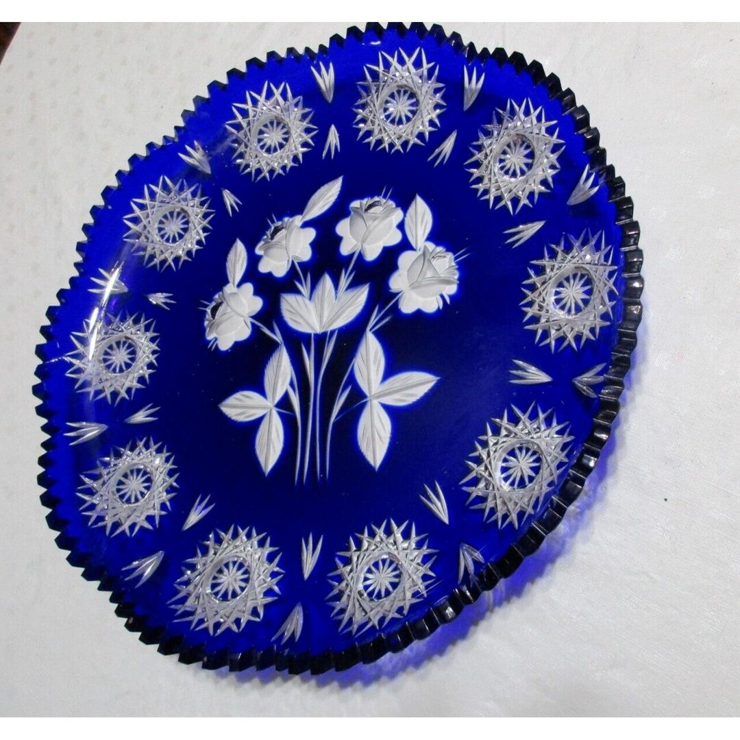 Colbalt Blue Lead Crystal Sawtooth Edged 12" Plate Floral Center and ...