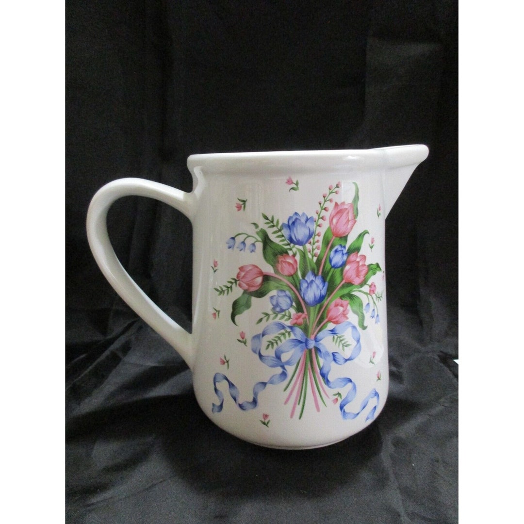 French Fleur Ceramic Water Pitcher Blue Pink Floral Tulips 6"tall X 5 ...