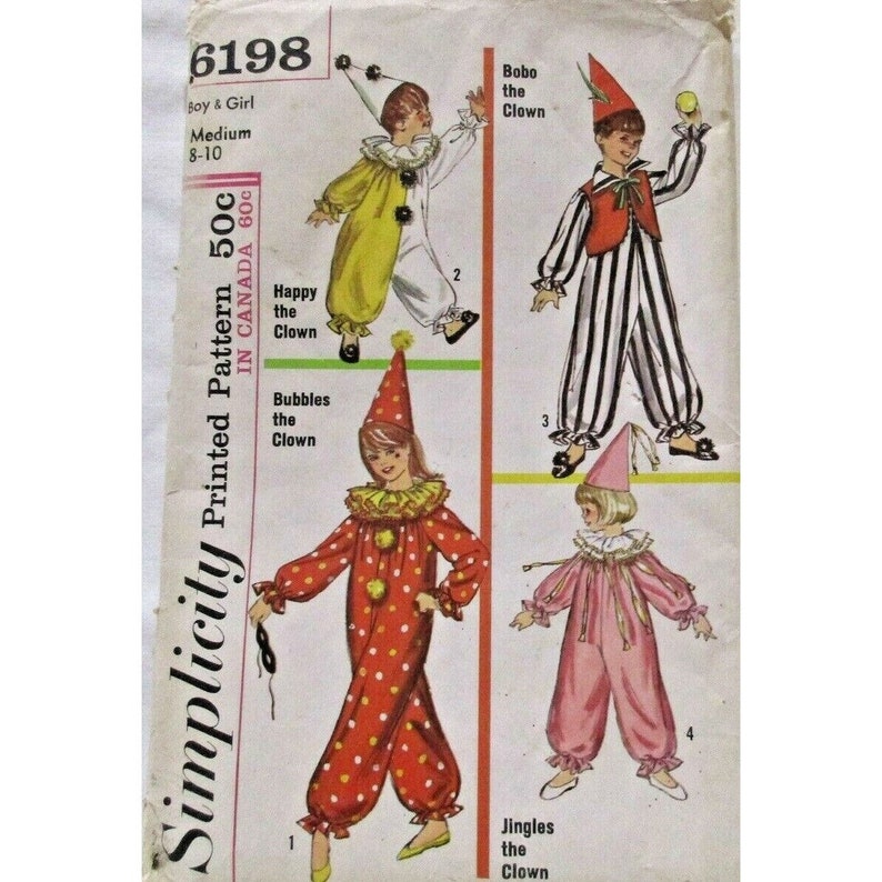 Simplicity Pattern 6198 Child 8 10 Boy or Girl Clown Costumes CUT VTG ...
