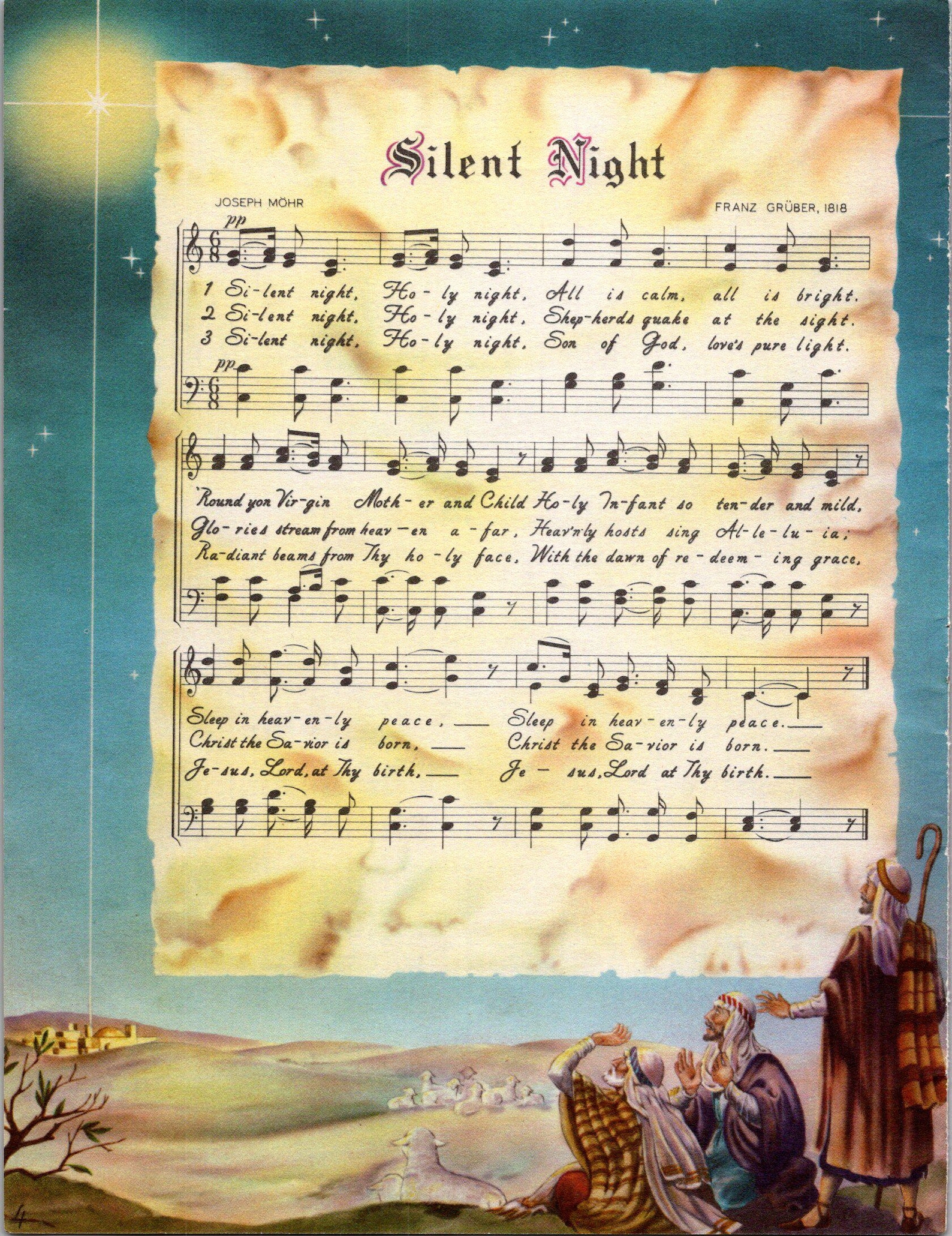 Printable Christmas Carol - Silent Night for Piano Organ Voices Framing ...