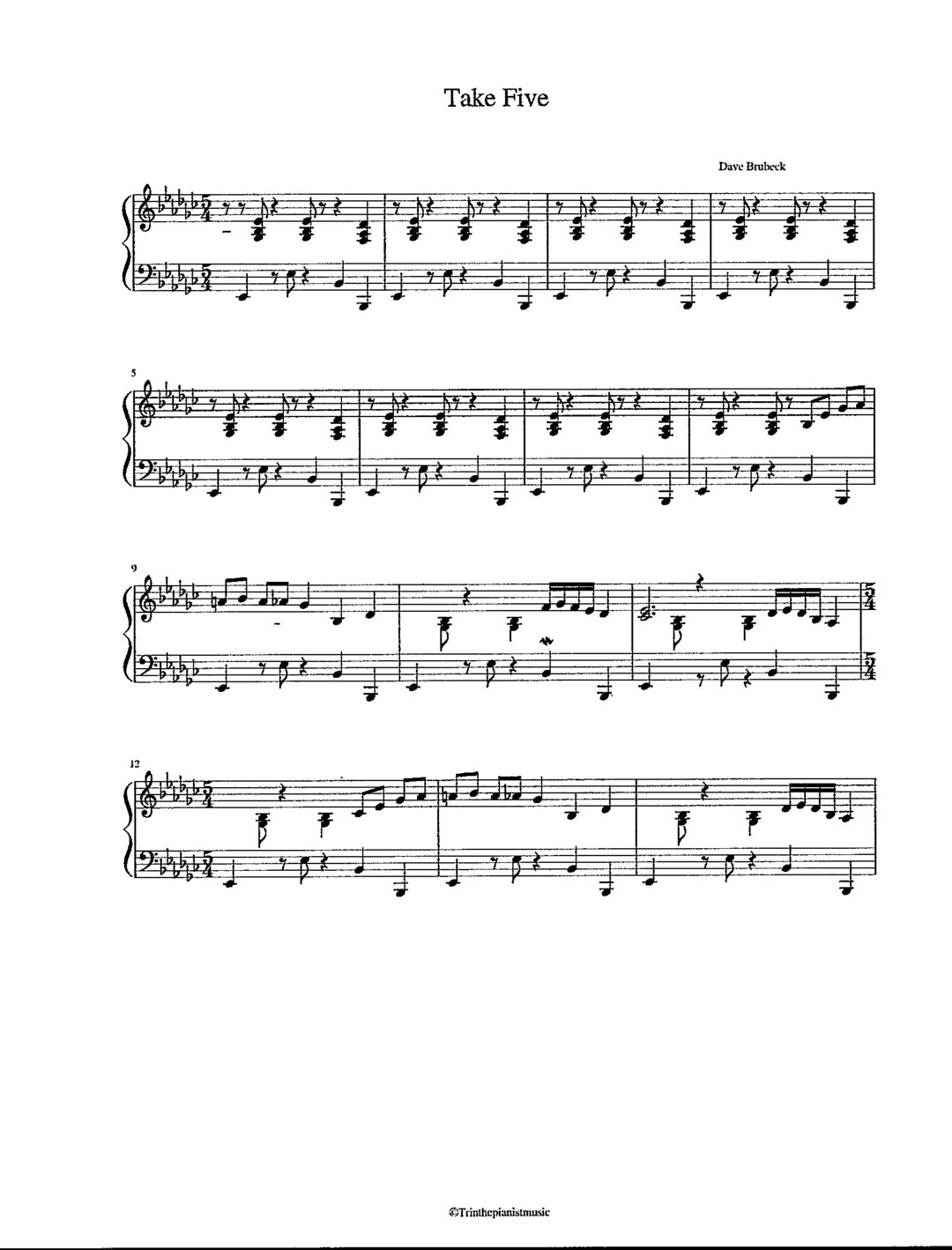 Take Five Piano Solo - Digital Student Piano Solo Arrangement in Key of ...
