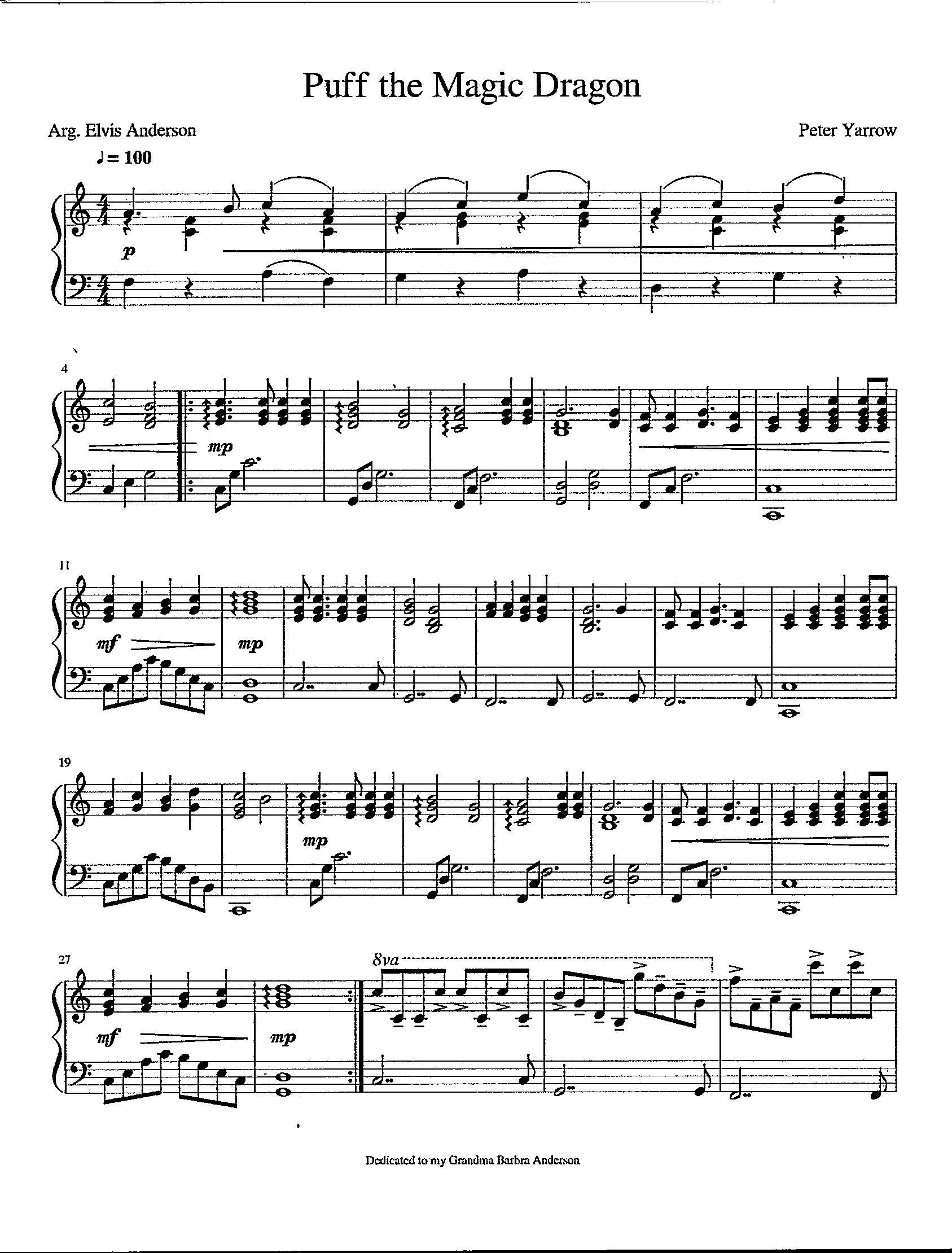 Puff the Magic Dragon - Digital Piano Solo - Key of C - Intermediate Level - Etsy