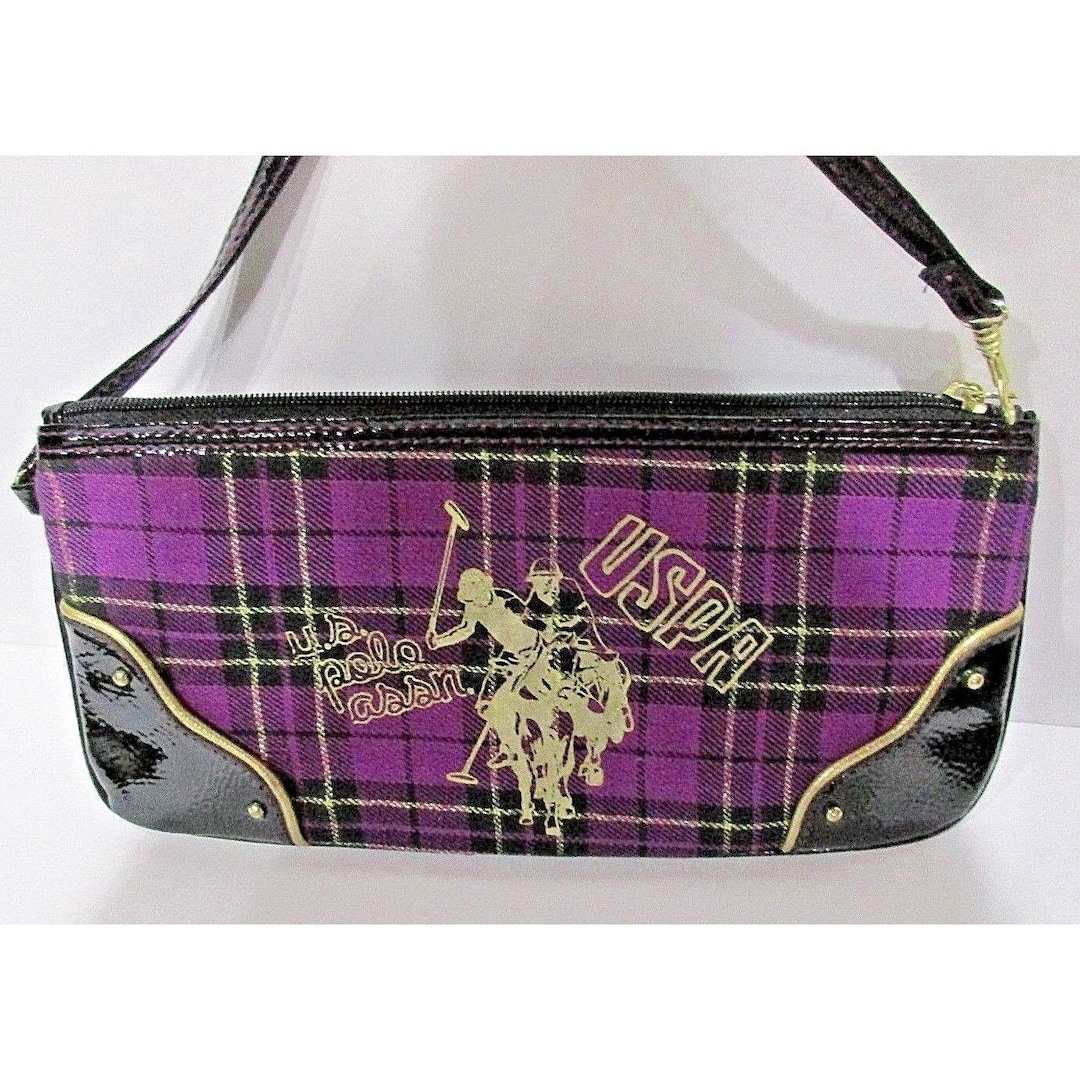 USPA Purple Plaid Canvas Bag Black Patent Trim Gold Printing Polo Logo ...