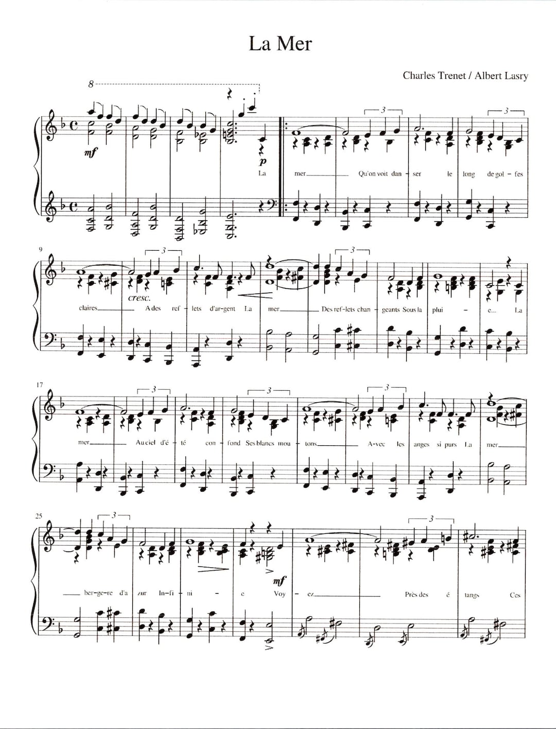 La Mer by Charles Trenet - Digital Sheet Music and Vocal - Key of F - Etsy