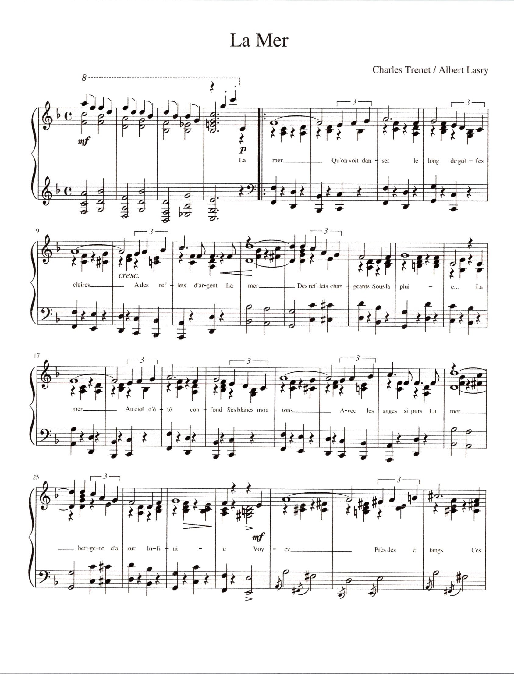 La Mer by Charles Trenet - Digital Sheet Music and Vocal - Key of F - Etsy