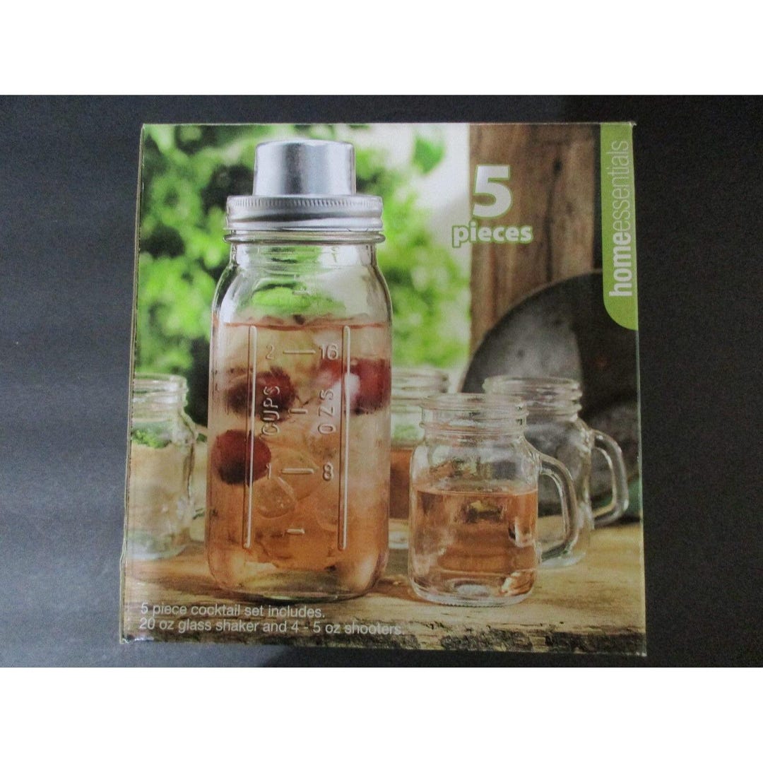 5 Piece Cocktail Set Canning Jar Style Clear 20oz Shaker 4-5oz Shooters ...