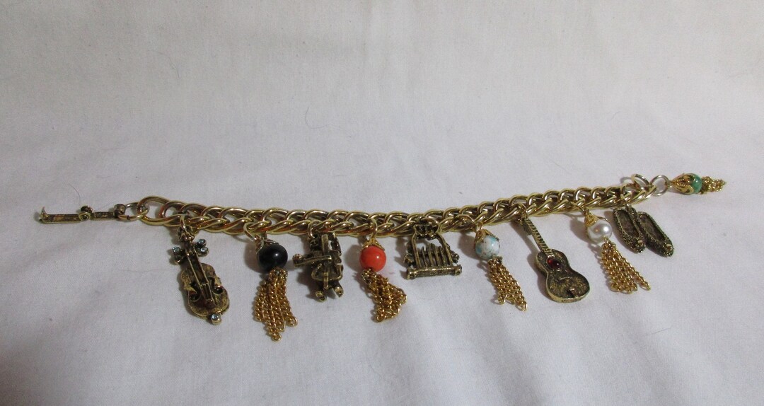 Gold Tone Musical Charm Chain Bracelet Violin Cello Ballet Shoes Organ ...