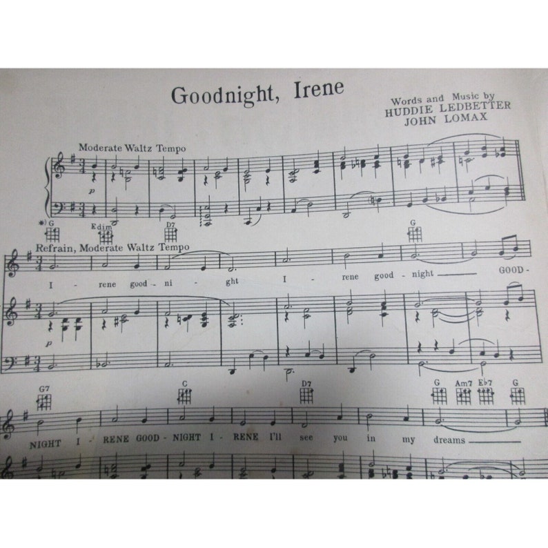 1951 Goodnight Irene Sheet Music - Piano Guitar Vocal Key of G Frank ...