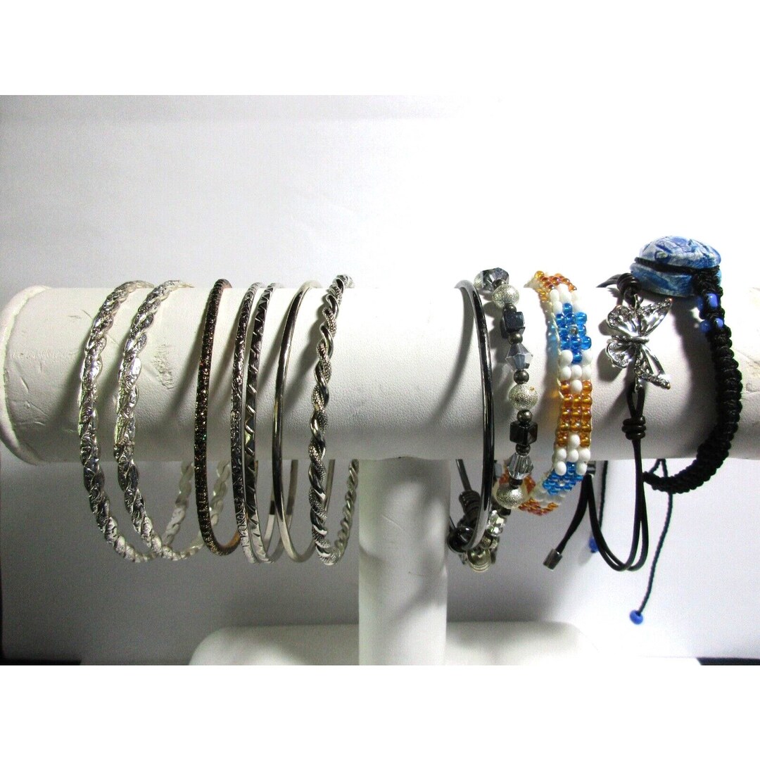 Lot of 12 Silver Tone Cuff Color Adjustable Bracelets Metal Beads Stone ...