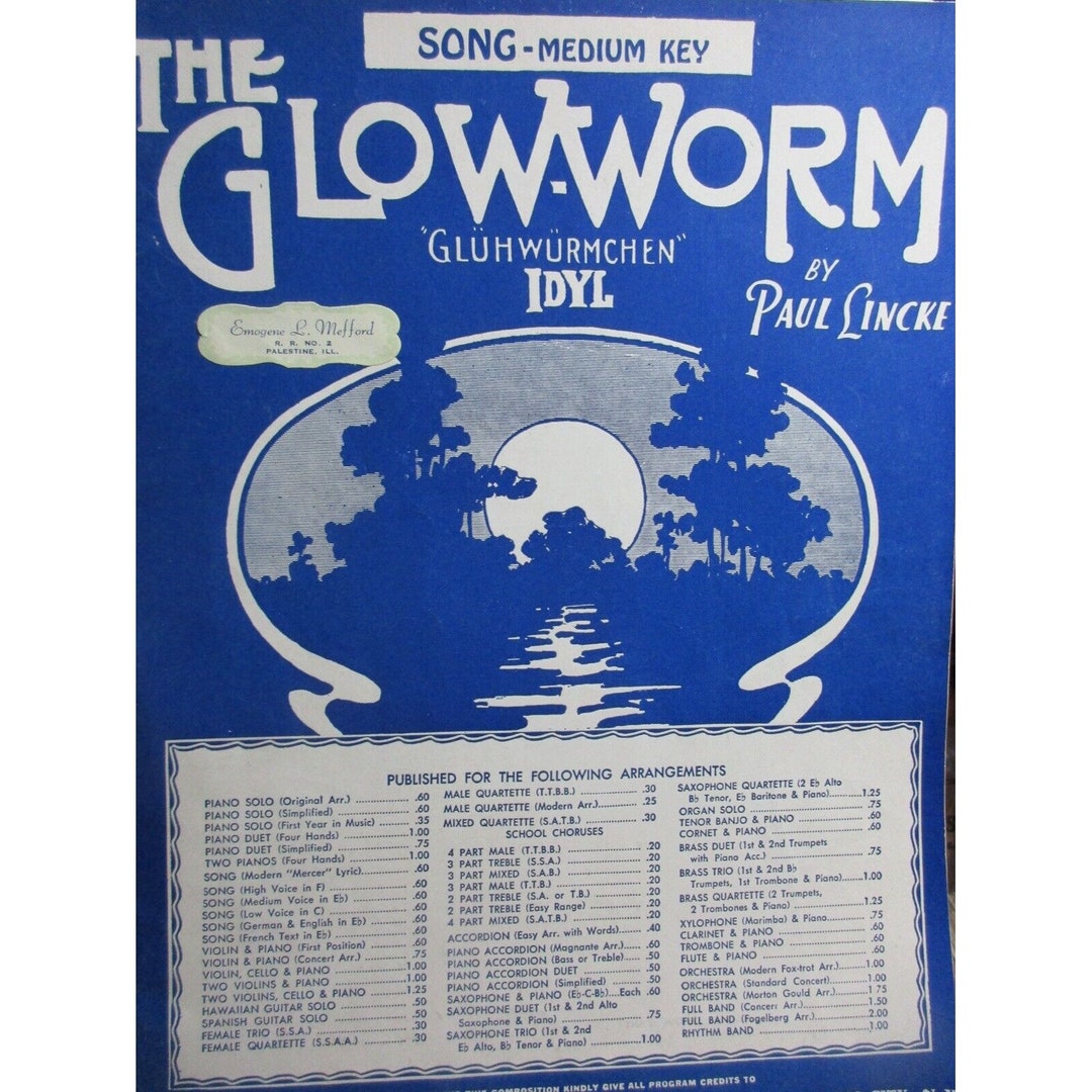 Glow-worm Sheet Music - Piano Vocal Guitar 1920 Edward Marks Music - Etsy