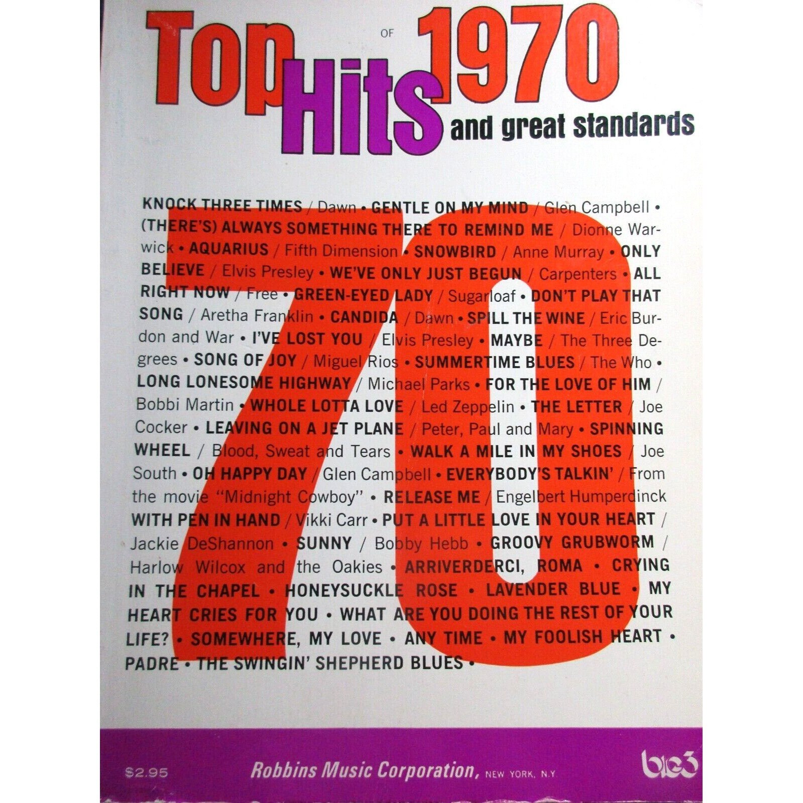 Top Hits 1970 Songbook Vocal Piano Chords Robbins Music 1971 titles in ...