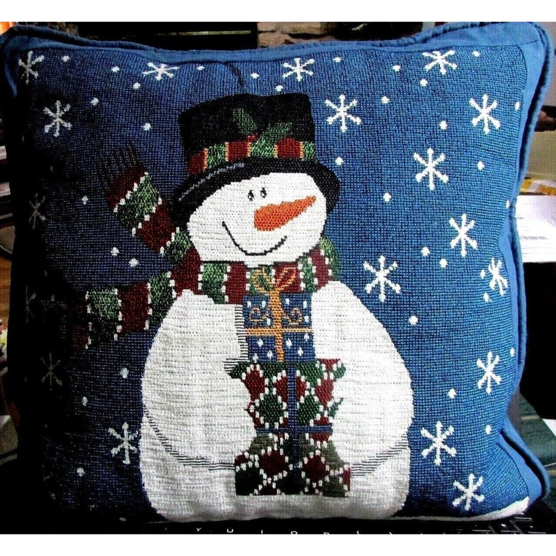 Snowman Tapestry Throw Pillow Plush Soft Blue 15 X 15 Square Christmas ...