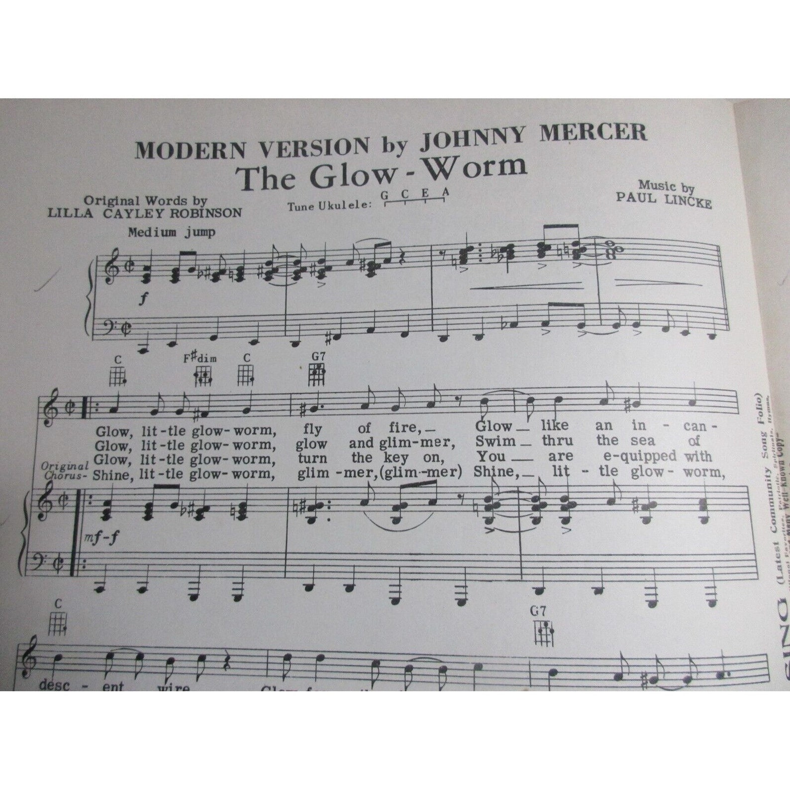 1952 THE GLOW-WORM Sheet Music Piano Vocal Guitar Key of C Johnny ...