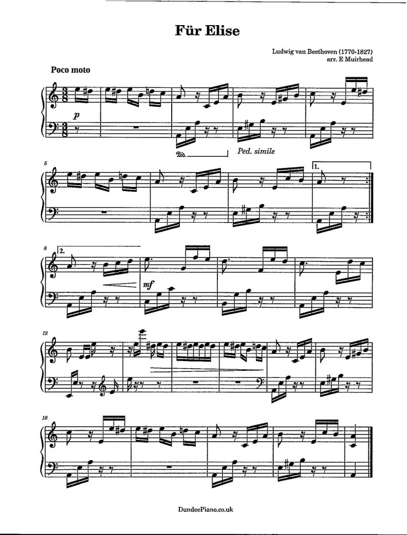 Fur Elise by Beethoven - Digital Easy Main Theme Piano Solo - Key of A ...