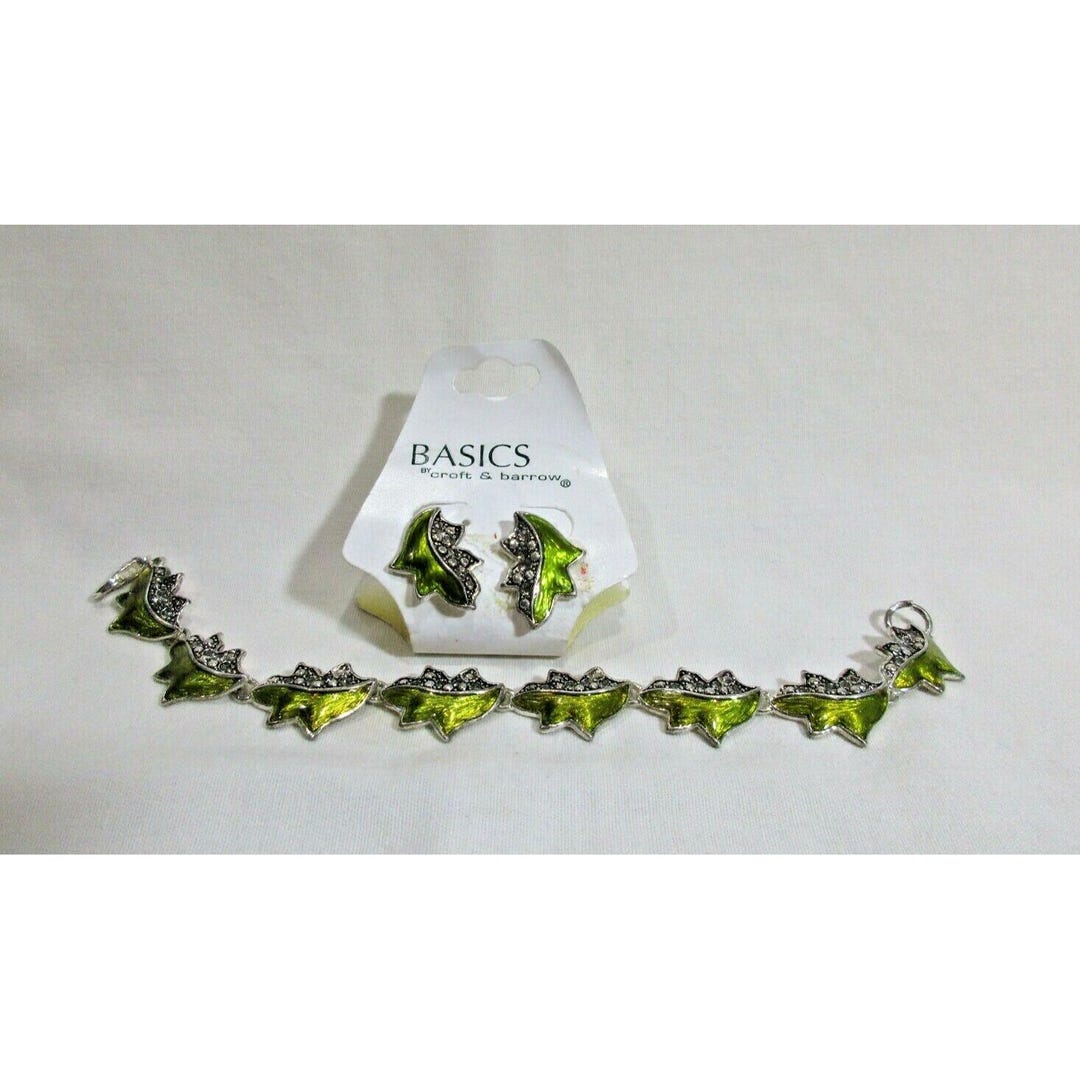 Basics Croft & Barrow Leaf Earrings and 7" Bracelet Set Green Silver ...