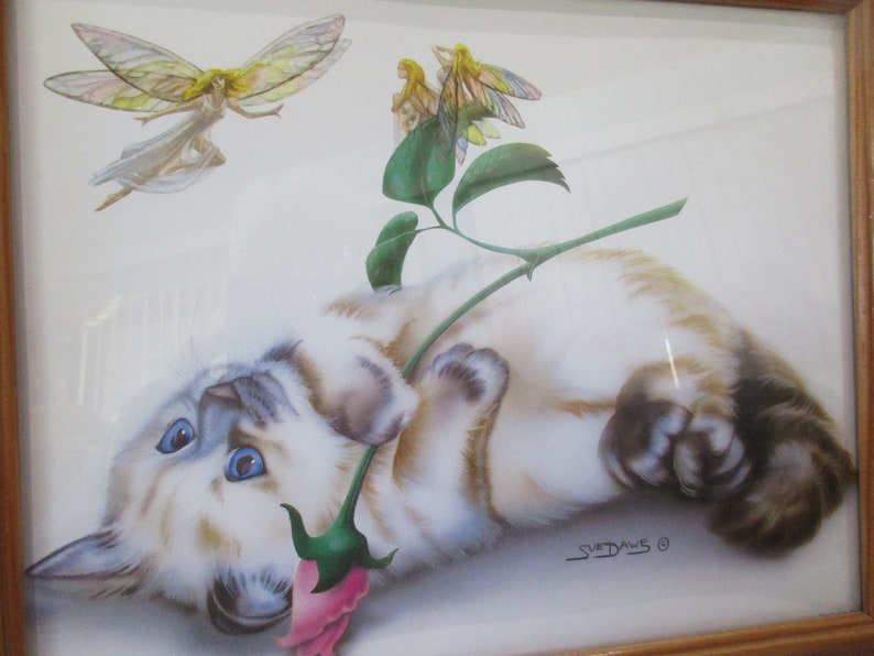 Sue Dawe small Wonder Kitten W/rose Framed Art Print Signed Framed 8 X ...