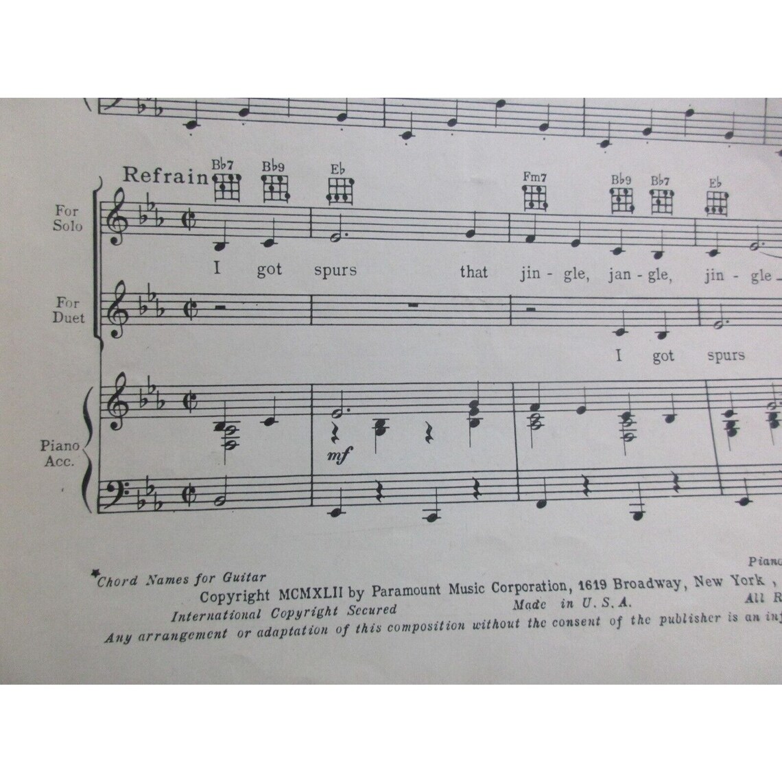 Piano Sheet Music: I Got Spurs That Jingle Jangle Jingle 1942 Paramount Music - Etsy