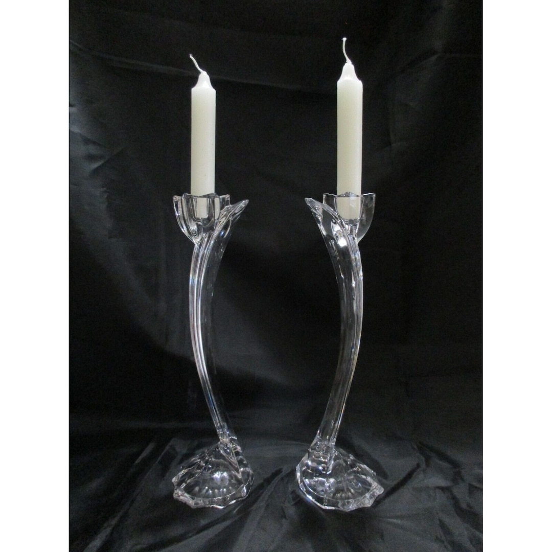 Set of 2 Mikasa Tall Heavy Clear Glass Elegant Candle Holders 10"tall X ...