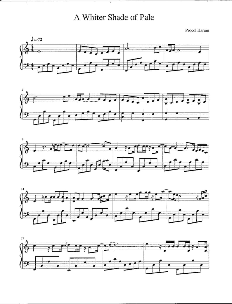 A Whiter Shade of Pale - Piano Solo - Digital Sheet Music - Key of C - Etsy