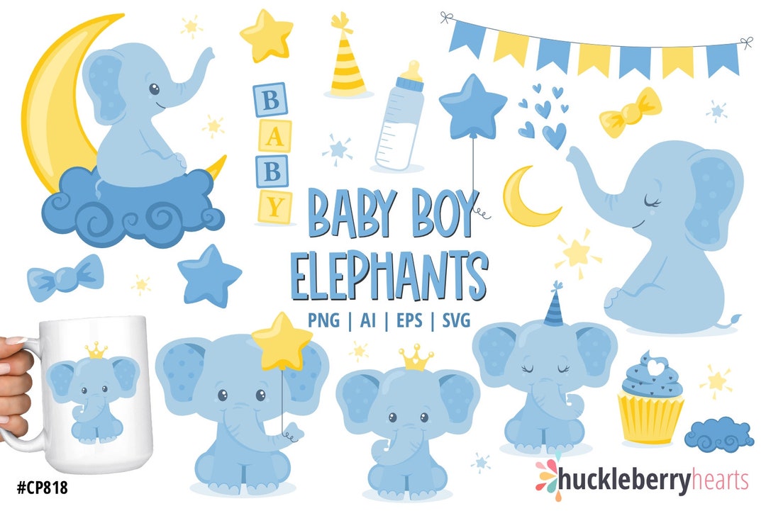 Baby Boy Elephant Clipart, Cute Elephant Clipart, Baby Boy Elephant Svg ...