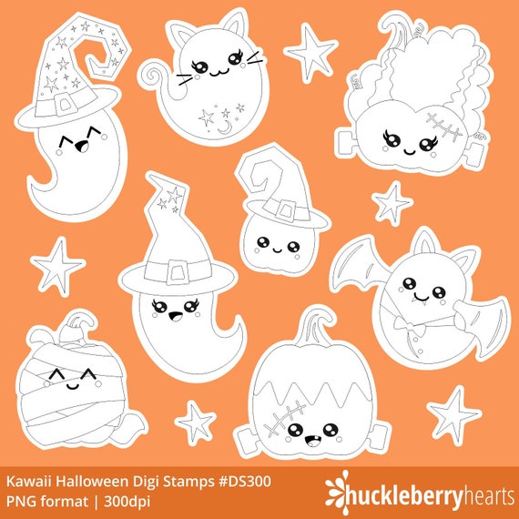 Kawaii Halloween Digital Stamps Black and White Small - Etsy