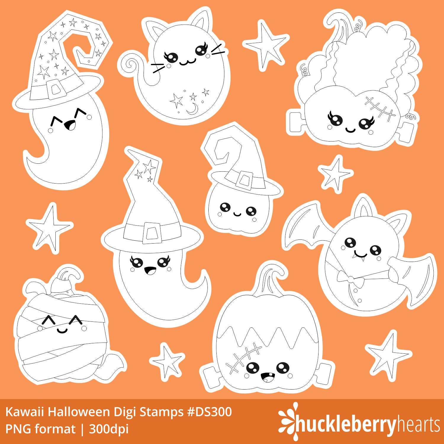 Kawaii Halloween Digital Stamps, Black and White, Small Commercial Use ...