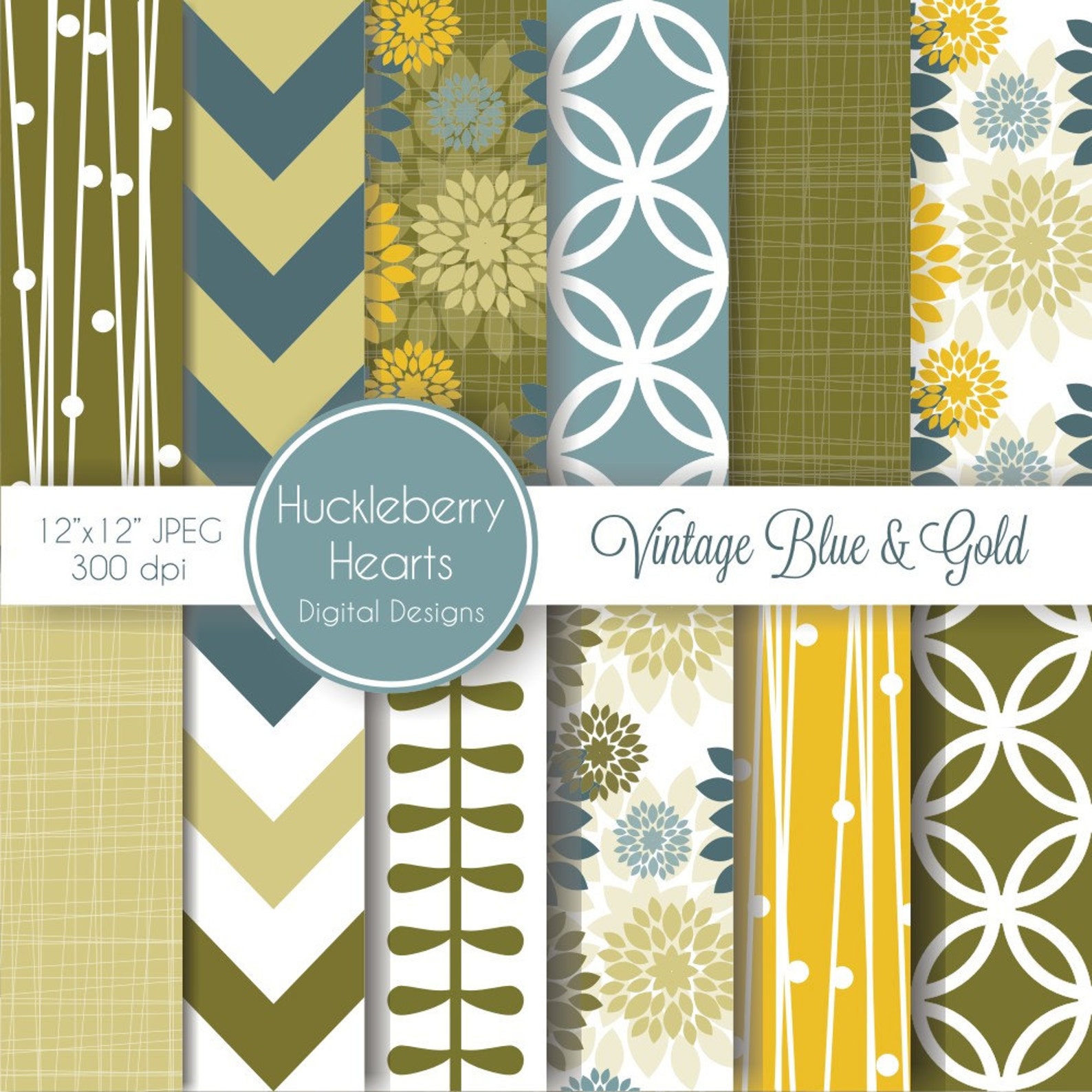 Vintage Blue and Gold Digital Scrapbook Paper or Background | Etsy