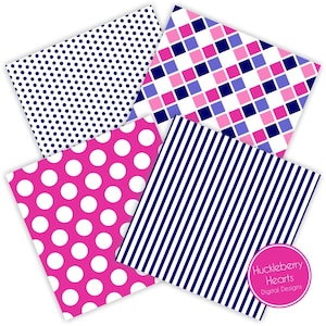 Navy Blue and Hot Pink Patterns Digital Scrapbook Paper, Digital ...