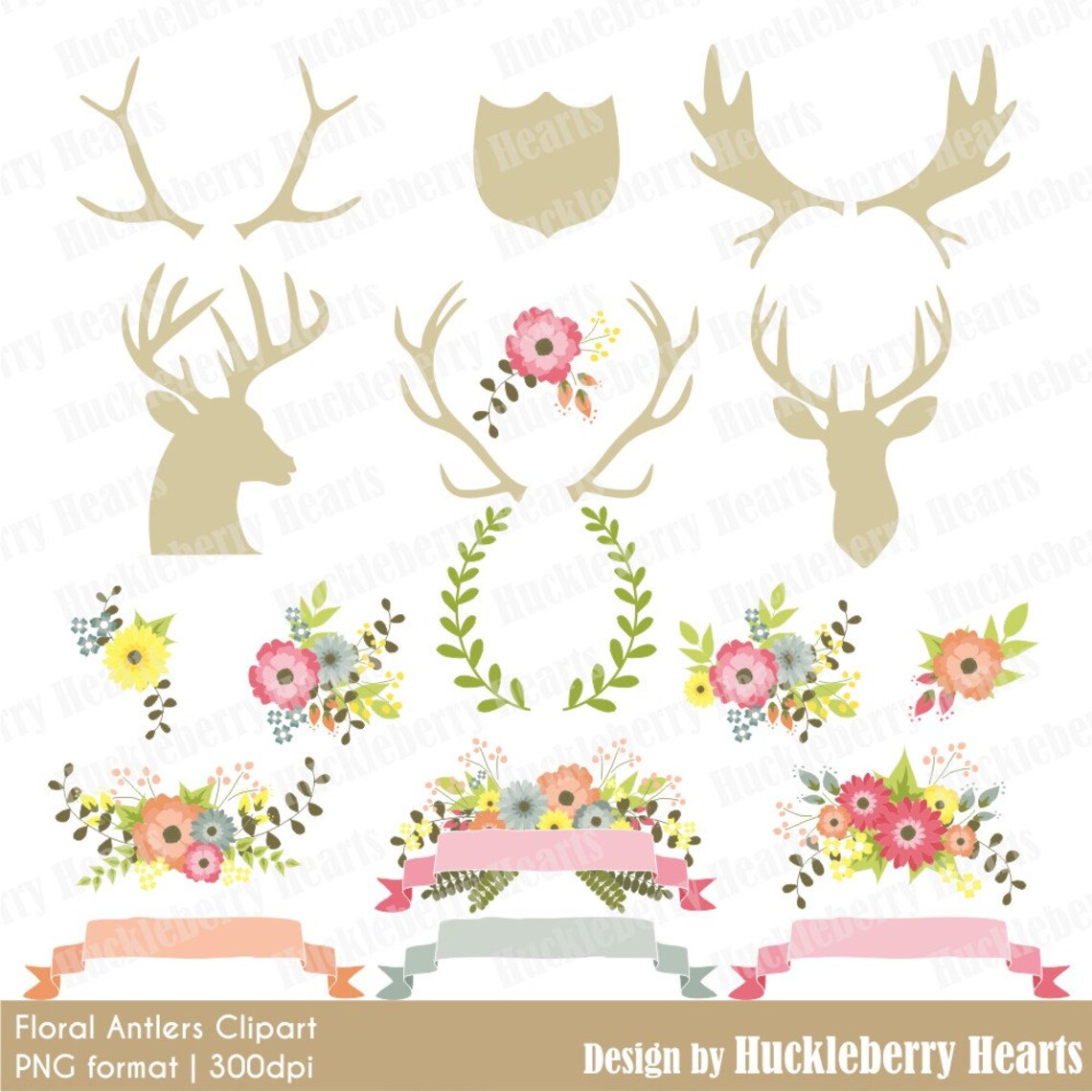 Flowers and Antlers Antler Clipart Wedding Clipart Flower | Etsy