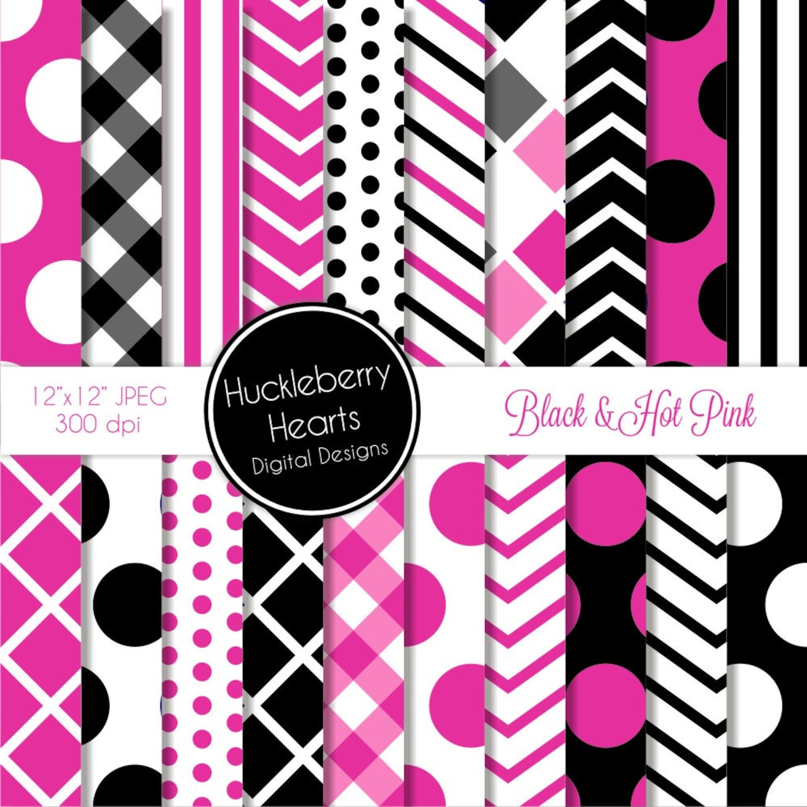Black and Hot Pink Patterns Digital Scrapbook Paper Digital | Etsy