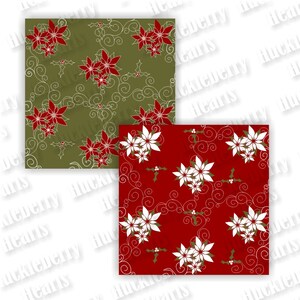 Red and Green Christmas Digital Paper With Poinsettias and Holly ...