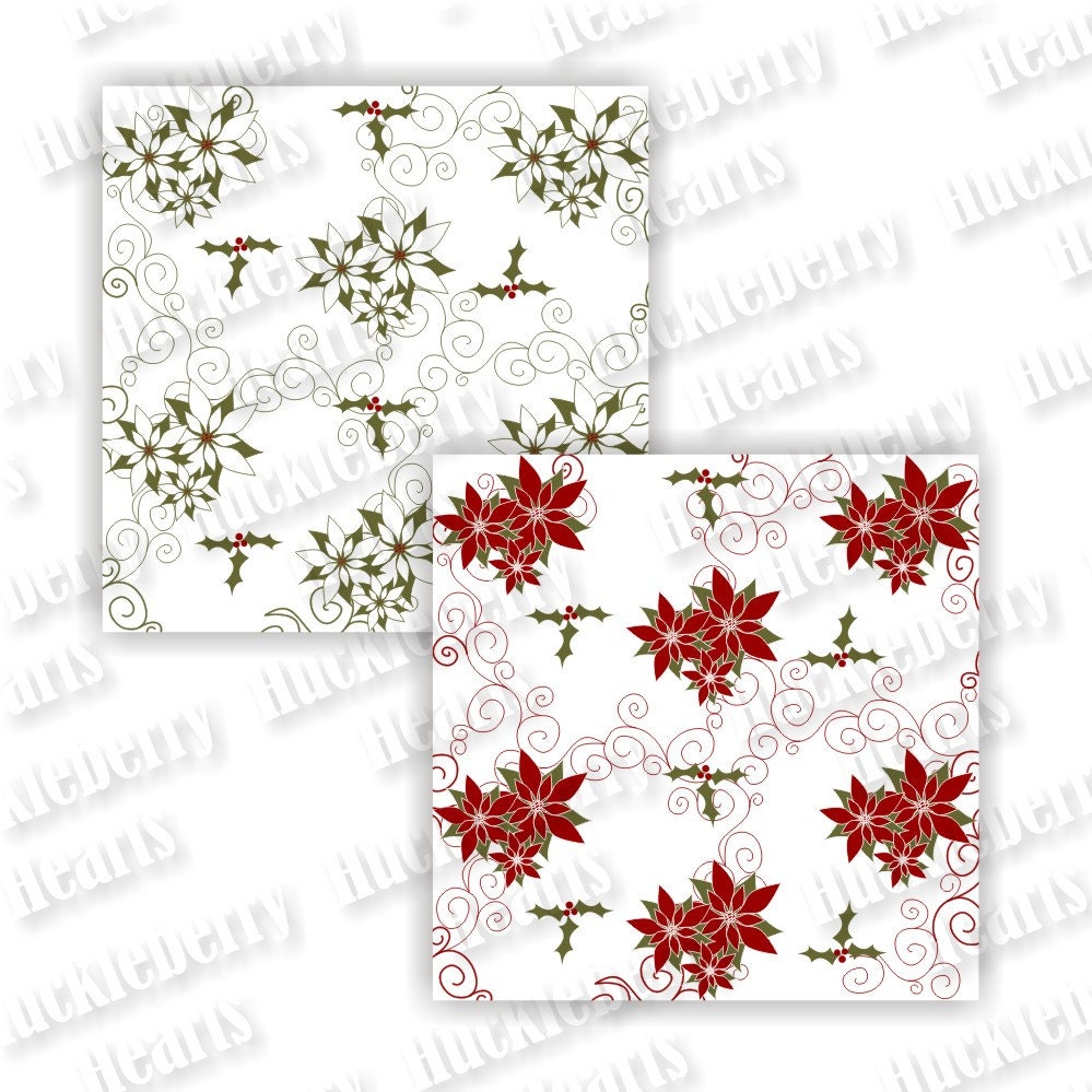 Red and Green Christmas Digital Paper With Poinsettias and - Etsy