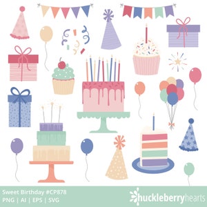 Cute Party Clipart, Happy Birthday SVG, Birthday Clipart Set, Cake ...