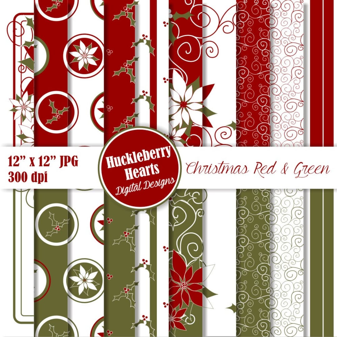 Red and Green Christmas Digital Paper With Poinsettias and Holly ...