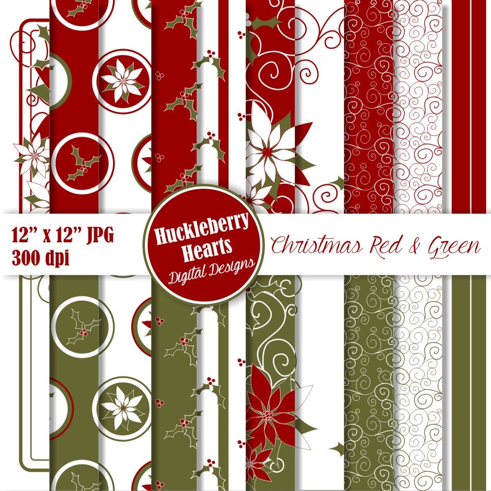 Red and Green Christmas Digital Paper With Poinsettias and - Etsy