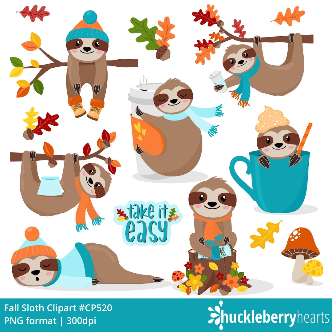 Cute Sloth Clipart, Fall Animal SVG Bundle, Autumn Printable, Take It ...