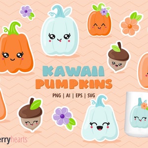 Kawaii Pumpkins Clipart, Cute Fall SVG Bundle, Thanksgiving PNG, Autumn ...