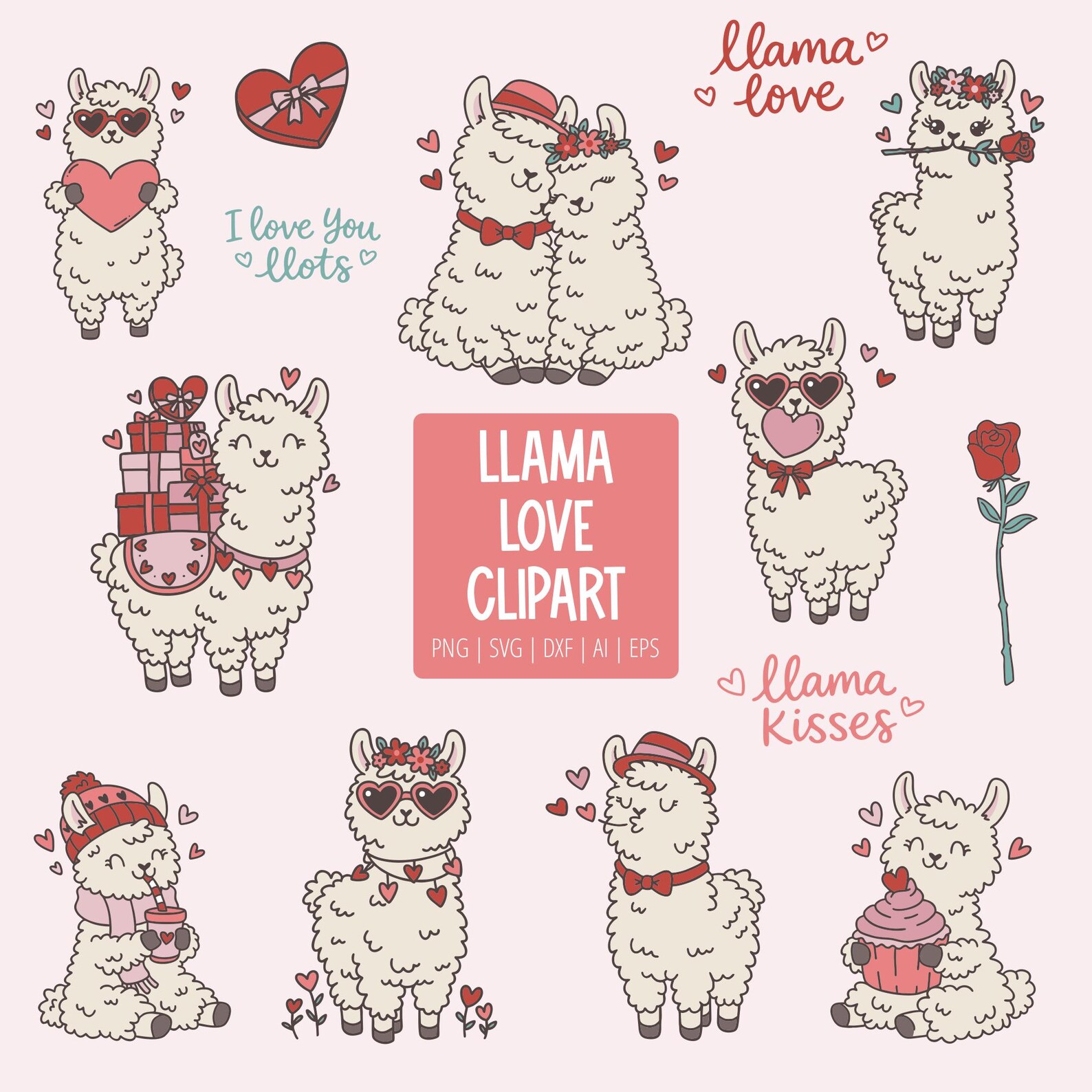 Valentine Llamas PNG | Cute Valentine Clipart | Llama SVG | Commercial ...